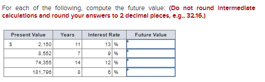 Solved For each of the following, compute the future value: | Chegg.com