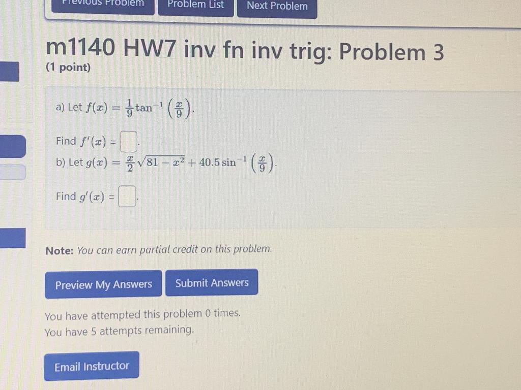 Solved m1140 HW7 inv fn inv trig: Problem 3 a) Let | Chegg.com
