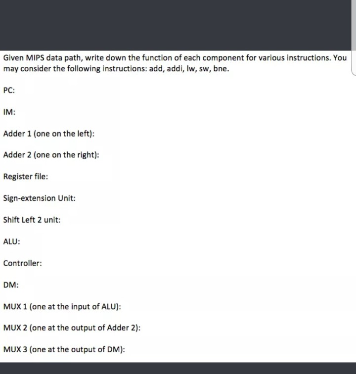 Solved Given MIPS data path, write down the function of each | Chegg.com