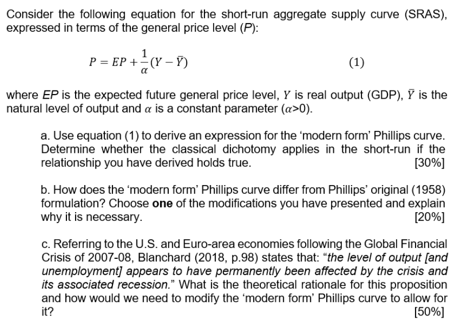 Solved Consider the following equation for the short-run | Chegg.com