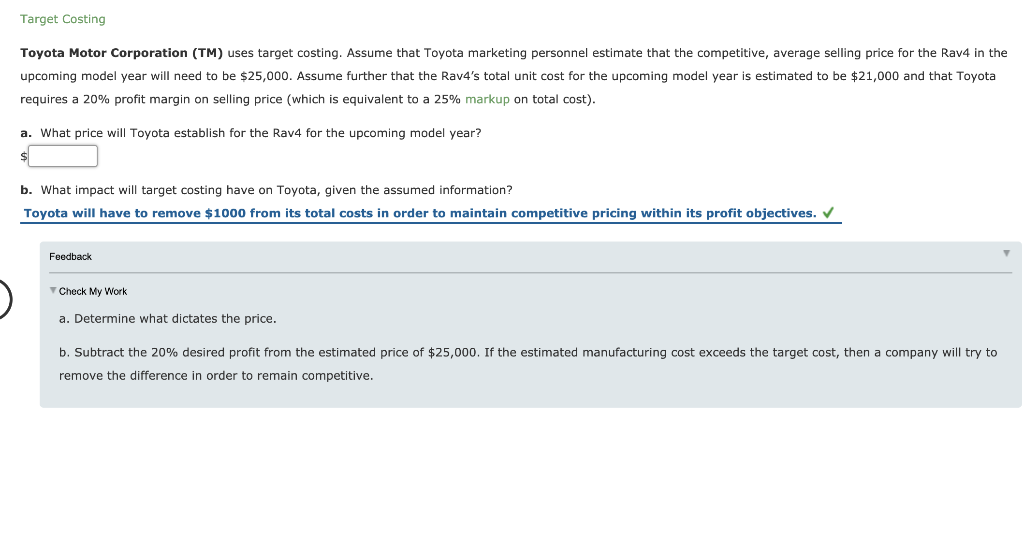 Solved Target Costing Toyota Motor Corporation (TM) uses | Chegg.com