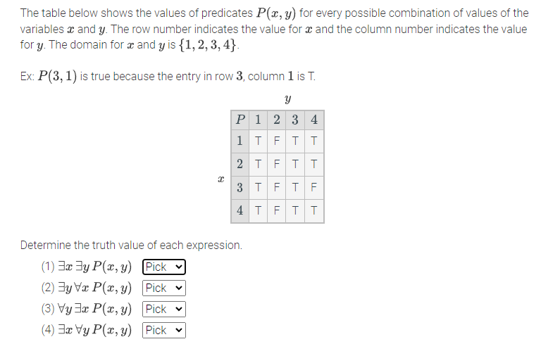Solved The table below shows the values of predicates P(x,y) | Chegg.com