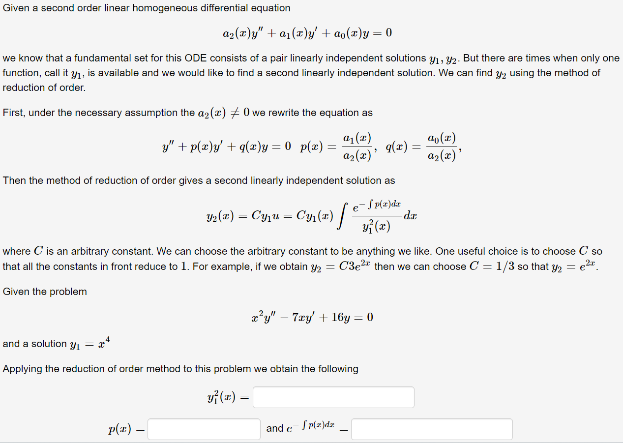 Solved Given a second order linear homogeneous differential | Chegg.com