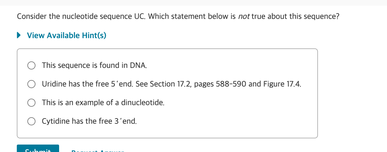 Solved Consider the nucleotide sequence UC. Which statement | Chegg.com