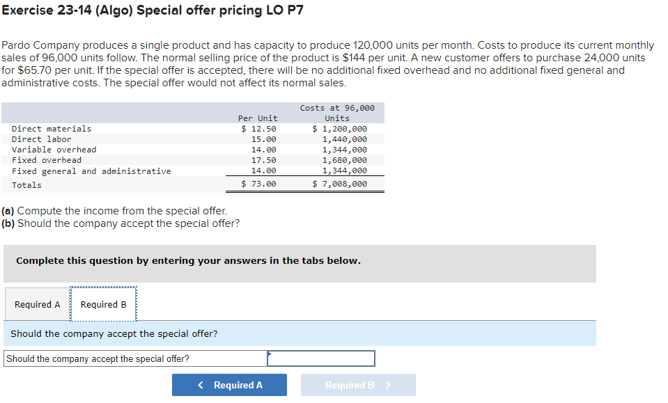 Solved Exercise 23-14 (Algo) Special offer pricing LO P7 | Chegg.com