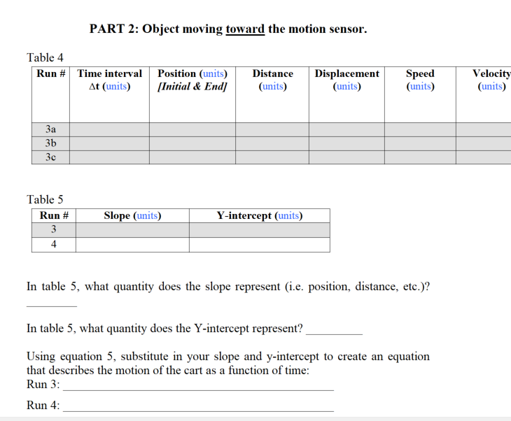 PART 2: Object moving toward the motion sensor.Table | Chegg.com
