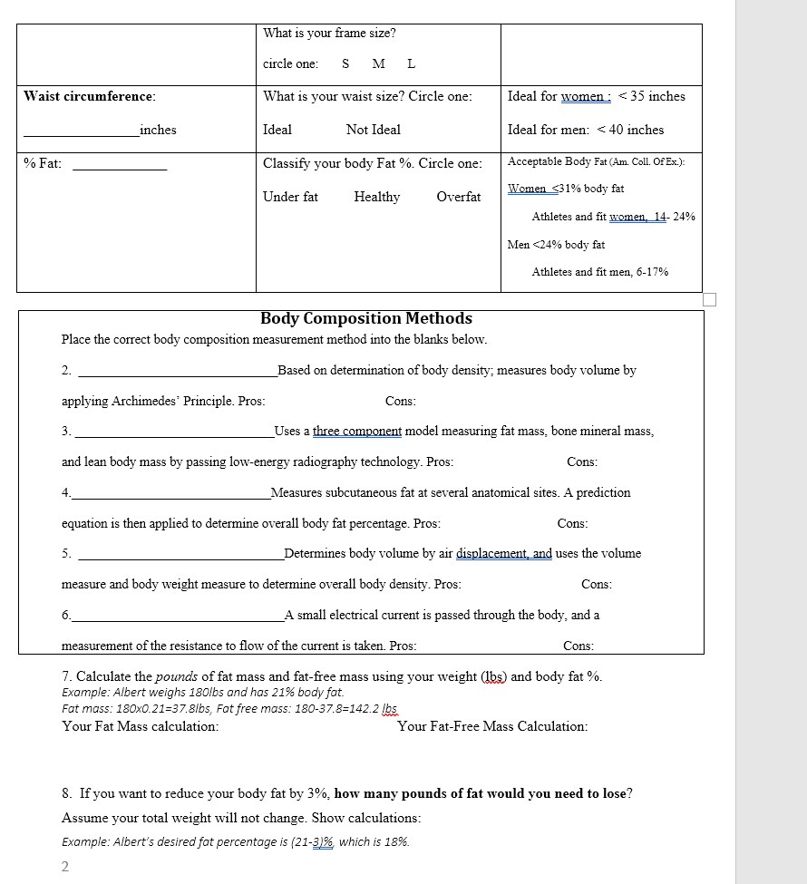 Anthropometric Worksheet 1.Fill in the table below. | Chegg.com