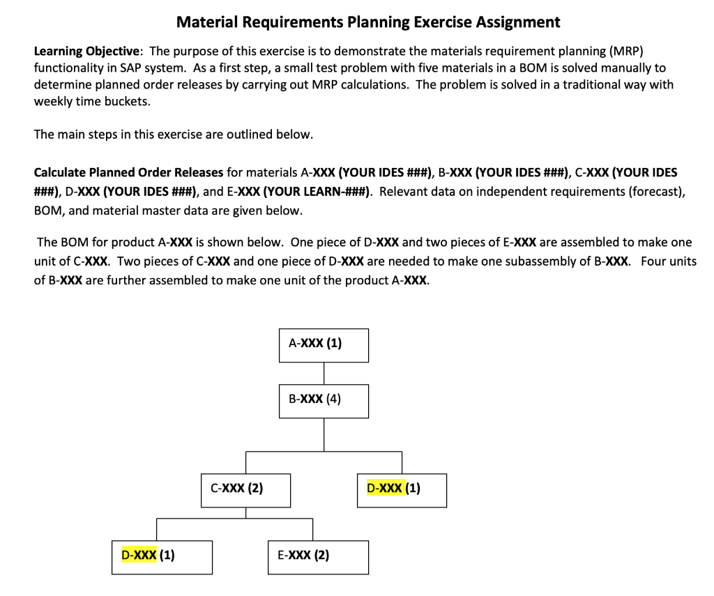 Solved Material Requirements Planning Exercise Assignment | Chegg.com