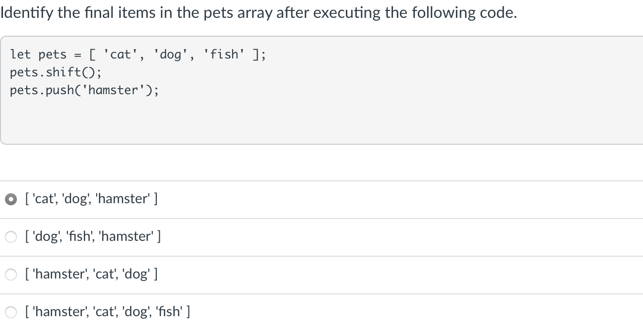 Solved Identify the final items in the pets array after | Chegg.com