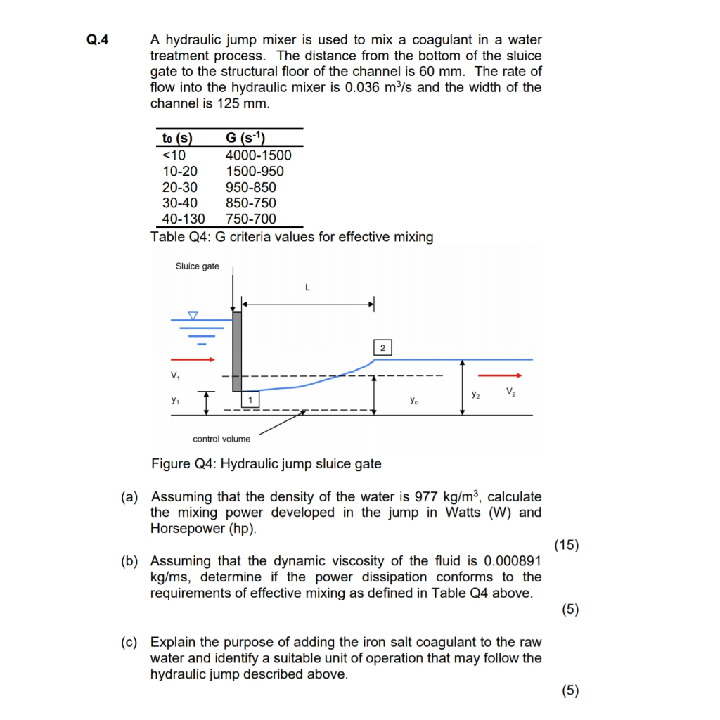 Q.4 A hydraulic jump mixer is used to mix a coagulant | Chegg.com