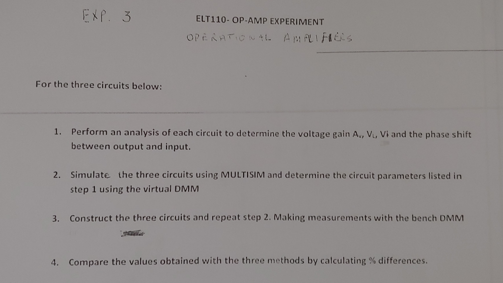 EXP. 3 ELT110- OP-AMP EXPERIMENT OPERATIO N4 Am | Chegg.com