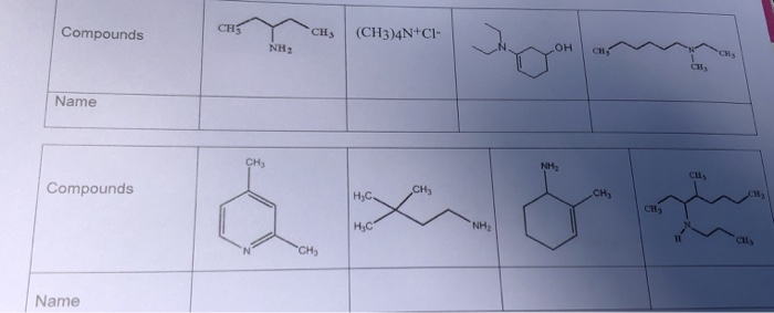 Solved CH CH (CH3)4N+CI- Compounds NH2 Name CH3 NH2 CHy | Chegg.com