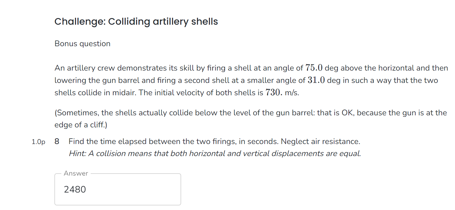 Solved Challenge: Colliding artillery shells Bonus question | Chegg.com