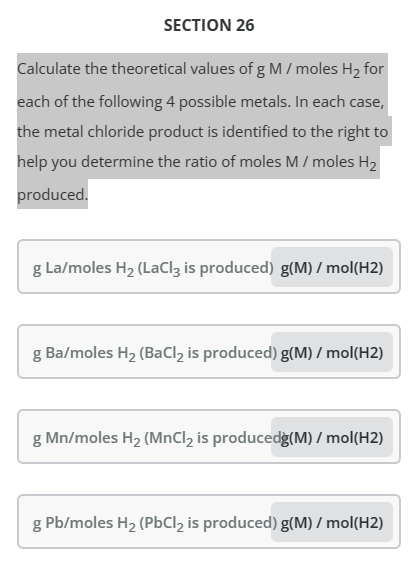 Solved Calculate the theoretical values of gM/ moles H2 for | Chegg.com