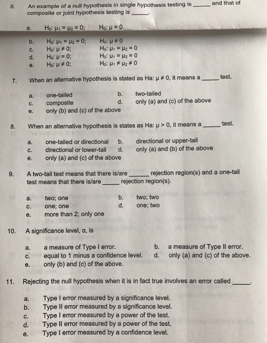 Solved An Example Of A Null Hypothesis In Single Hypothesis