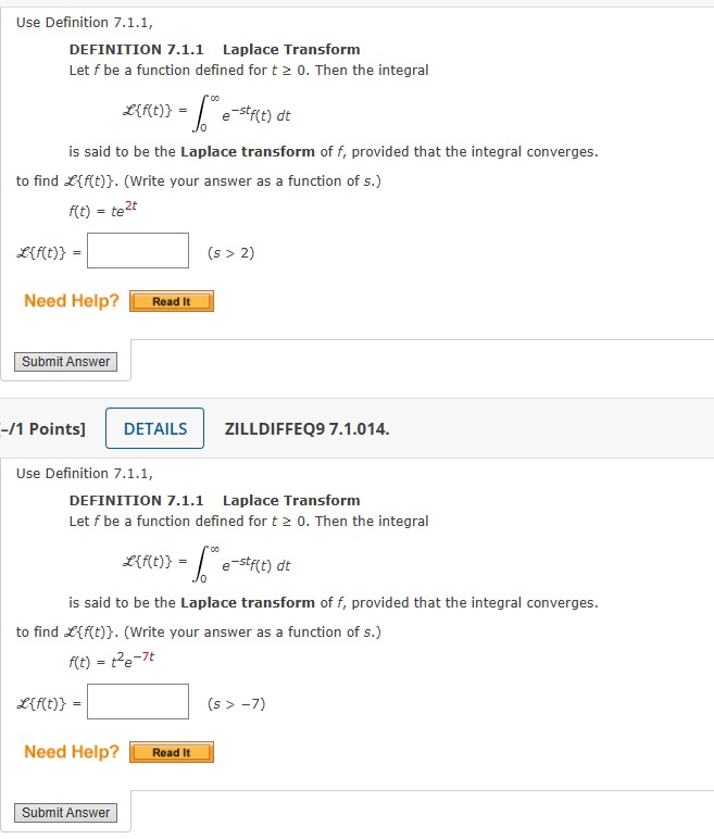 Solved DEFINITION 7.1.1 Laplace Transform Let f be a | Chegg.com