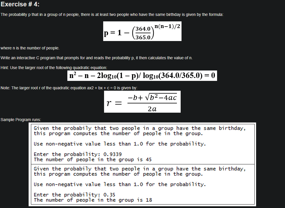 Solved Exercise # 4: The probability p that in a group of n | Chegg.com