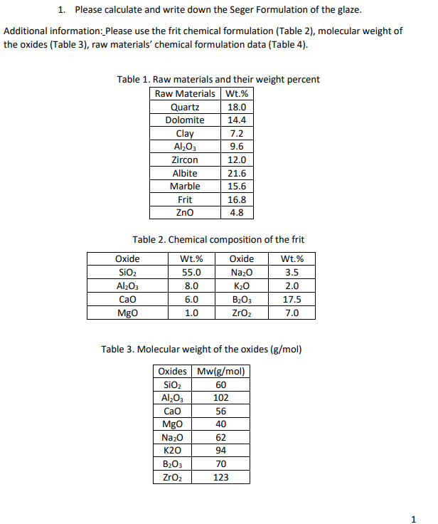 Solved 1. Please calculate and write down the Seger | Chegg.com