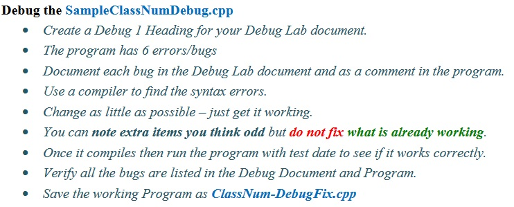 Solved Debug the SampleClassNumDebug.cpp Create a Debug 1 | Chegg.com