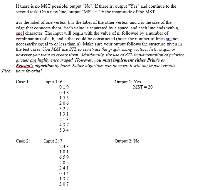 Solved If There Is No Mst Possible Output No If There Is 8426