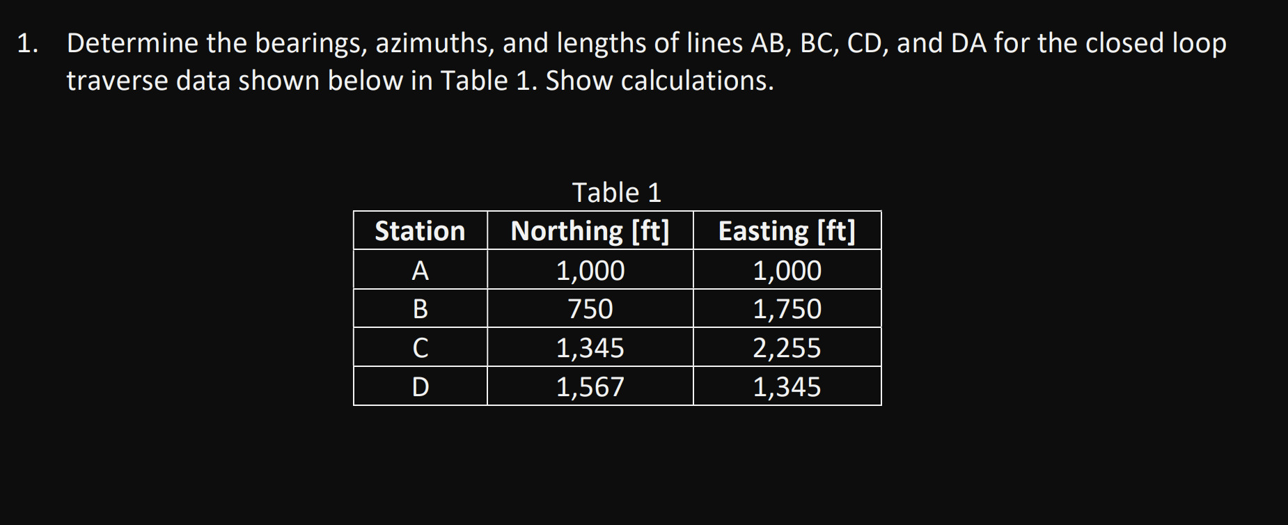 Solved 1. Determine the bearings, azimuths, and lengths of | Chegg.com