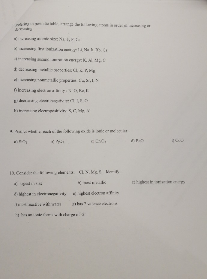 Solved Refering To Periodic Table Arrange The Following