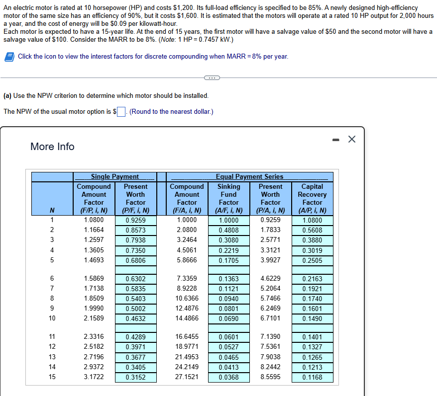 Solved An electric motor is rated at 10 ﻿horsepower (HP) | Chegg.com