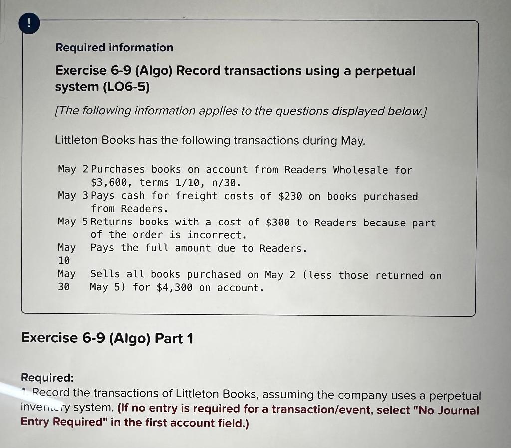 Solved Required information Exercise 6-9 (Algo) Record | Chegg.com