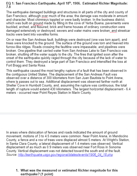 Solved EQ 1: San Francisco Earthquake, April 18th, 1906. | Chegg.com