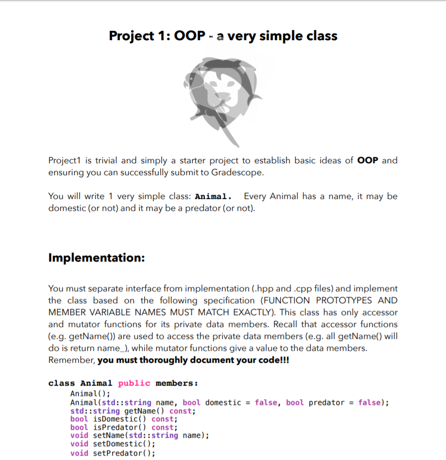 Solved The project only wants two files: Animal.cpp and | Chegg.com