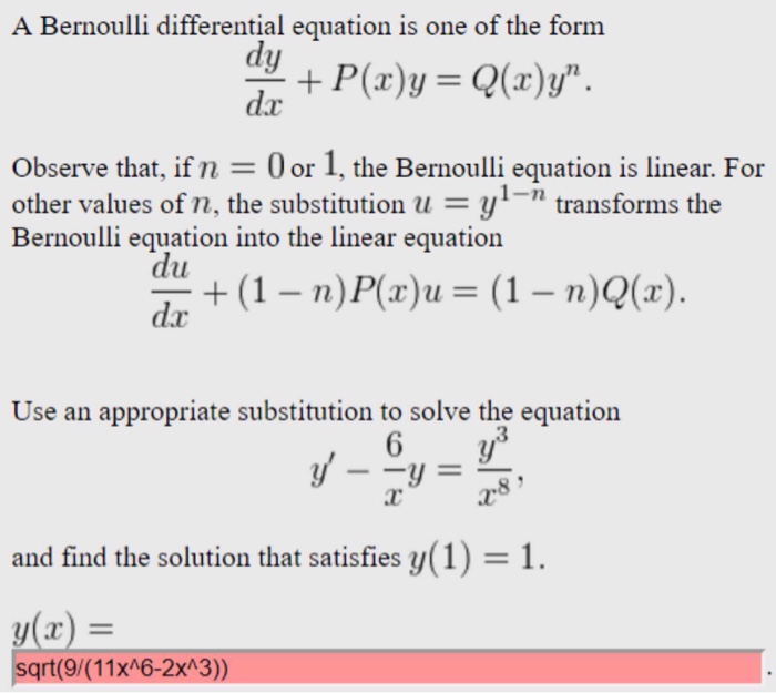 Solved A Bernoulli differential equation is one of the form | Chegg.com
