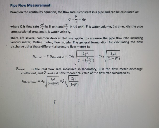 Solved Pipe Flow Measurement: Based on the continuity | Chegg.com