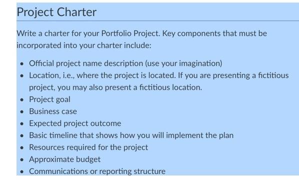 Solved Write a charter for your Portfolio Project. Key | Chegg.com