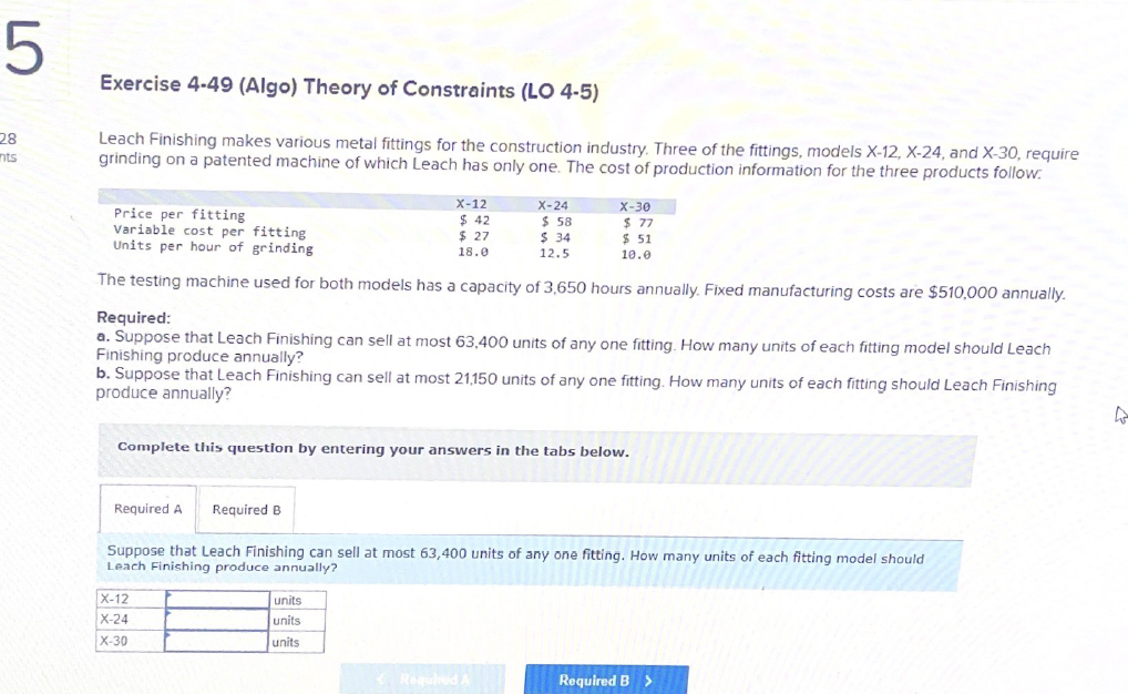 Solved Exercise 4-49 (Algo) Theory of Constraints (LO 4-5) | Chegg.com