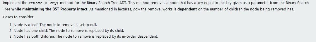 Solved Implement the remove ( K key) method for the Binary | Chegg.com