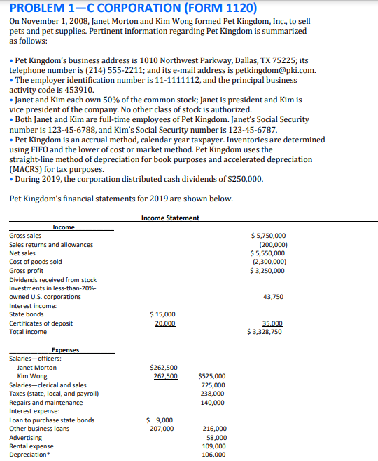 PROBLEM 1-C CORPORATION (FORM 1120) On November 1, | Chegg.com