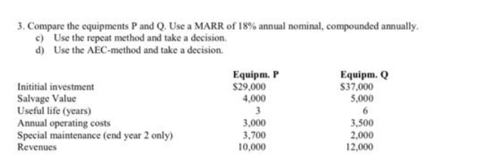 Solved 3. Compare the equipments P and Q. Use a MARR of 18% | Chegg.com