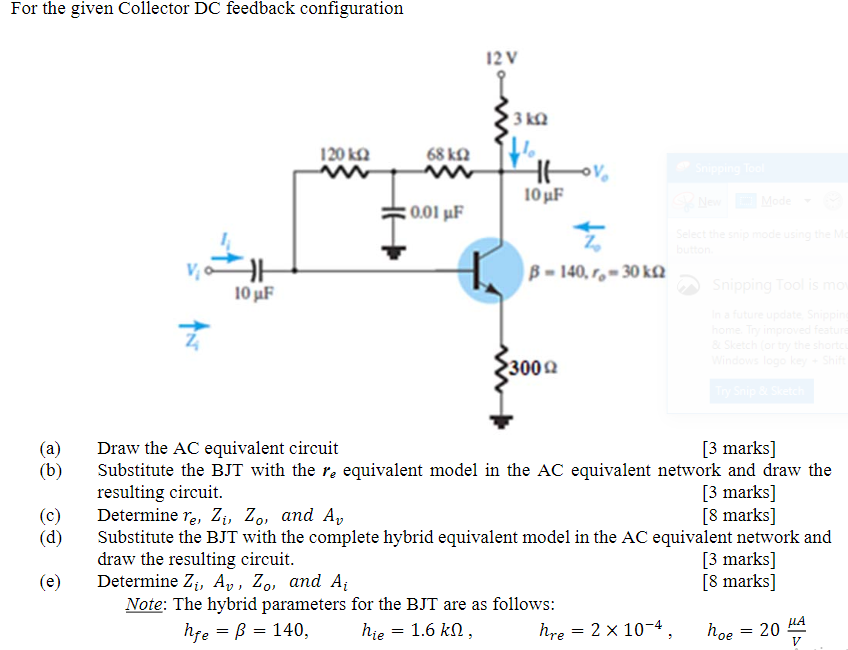 Solved For the given Collector DC feedback configuration 12V | Chegg.com