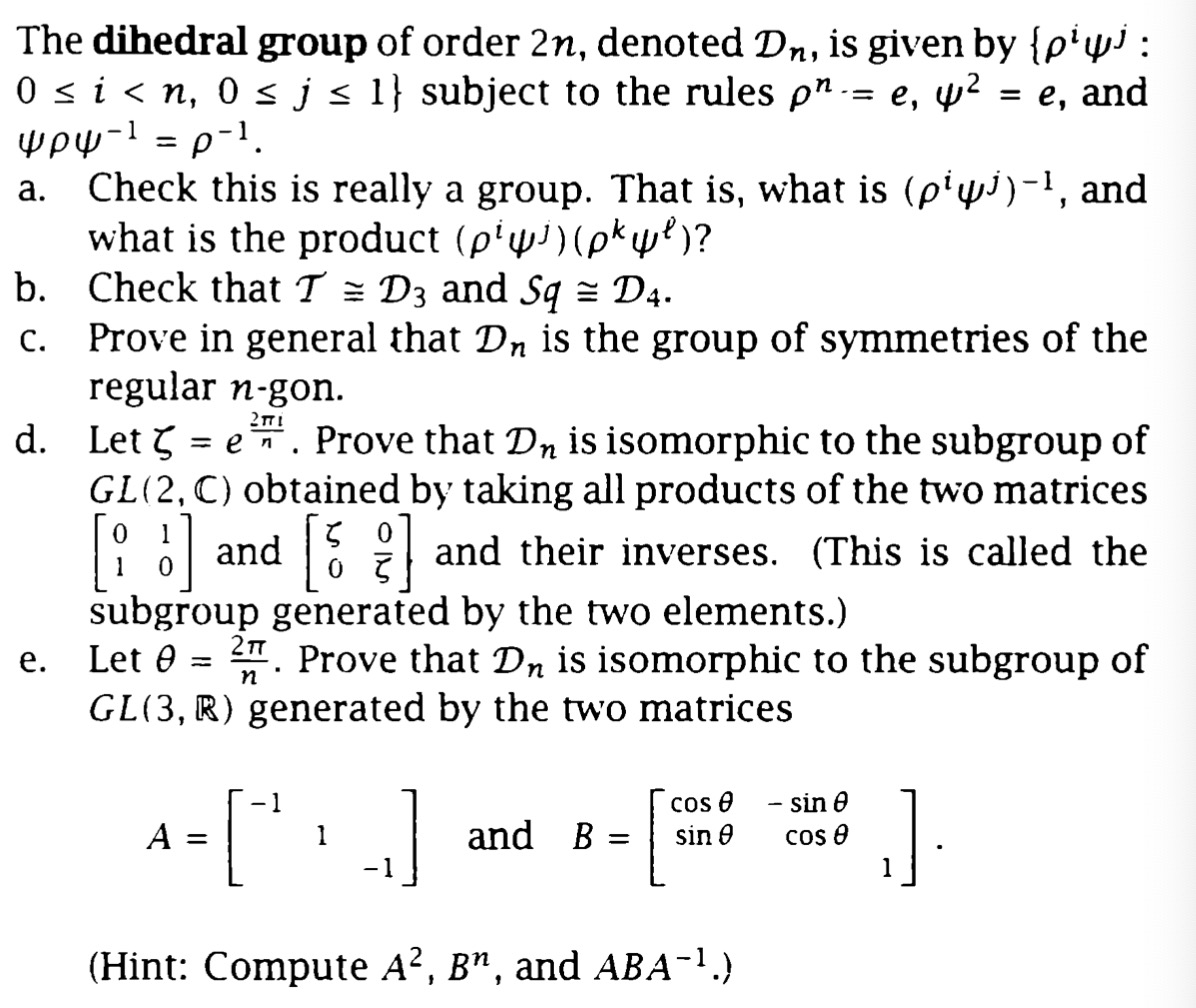 Solved The dihedral group of order 2n, denoted Dn, is given | Chegg.com