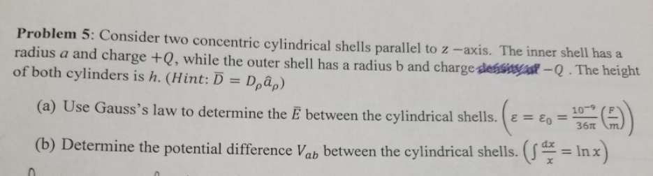 Solved Problem 5: Consider two concentric cylindrical shells | Chegg.com