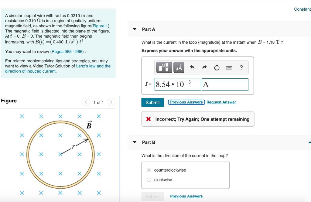Solved Constant Part A A circular loop of wire with radius | Chegg.com