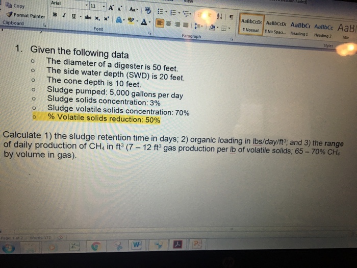 Solved Given the following data The diameter of a digester | Chegg.com
