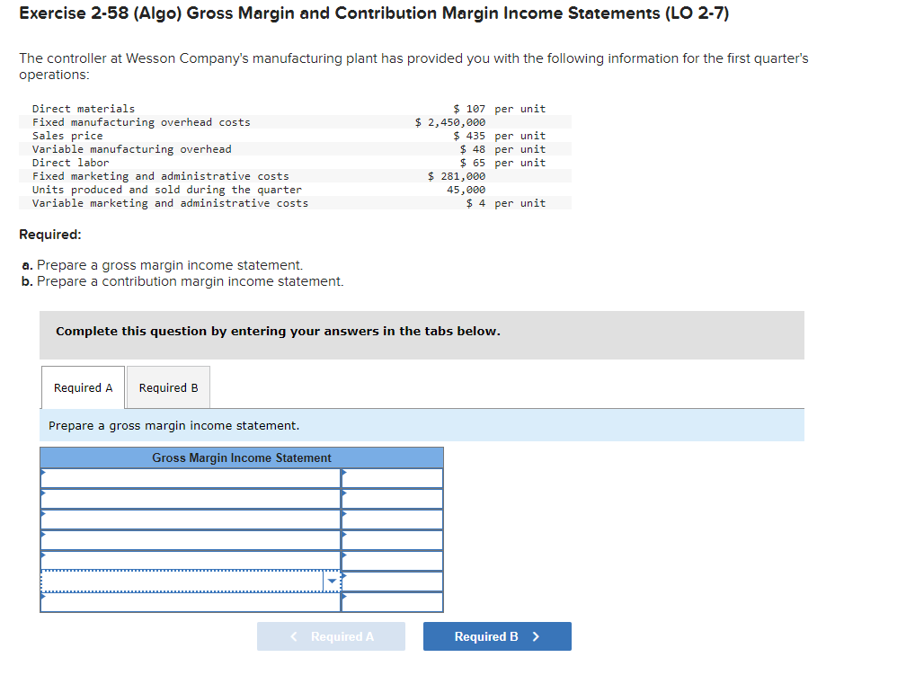 Exercise 2.58 (Algo) Gross Margin and Contribution | Chegg.com
