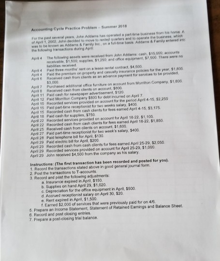 Solved Accounting Cycle Practice Problem-Summer 2018 For the | Chegg.com