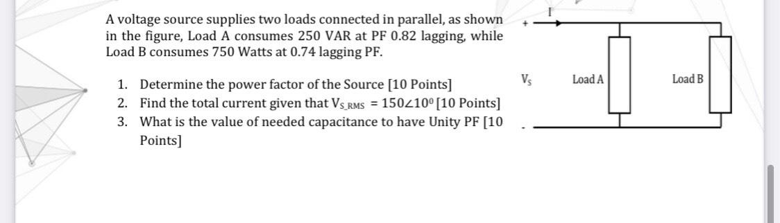 Solved A voltage source supplies two loads connected in | Chegg.com