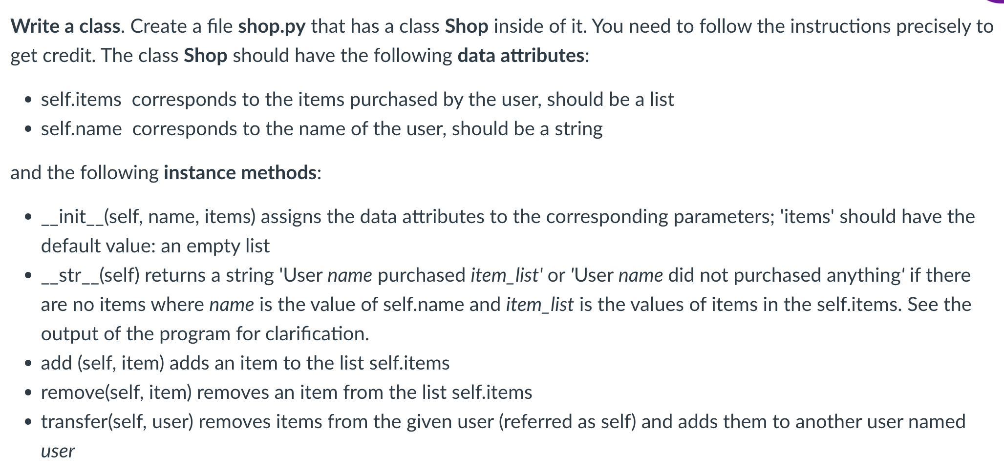 Solved Write a class. Create a file shop.py that has a class | Chegg.com
