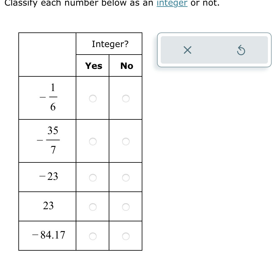 Solved Classify each number below as an integer or not. | Chegg.com