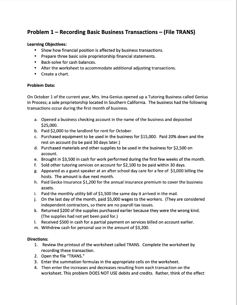 Solved Problem 1 - Recording Basic Business Transactions - | Chegg.com