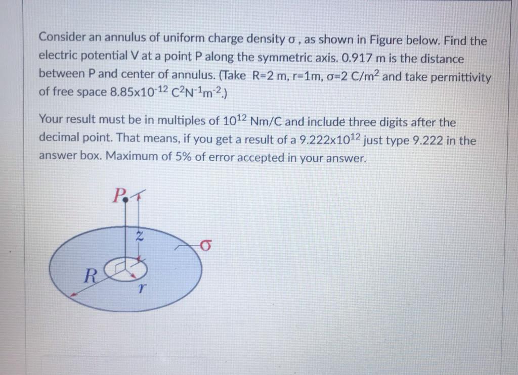 Solved Consider an annulus of uniform charge density o, as | Chegg.com