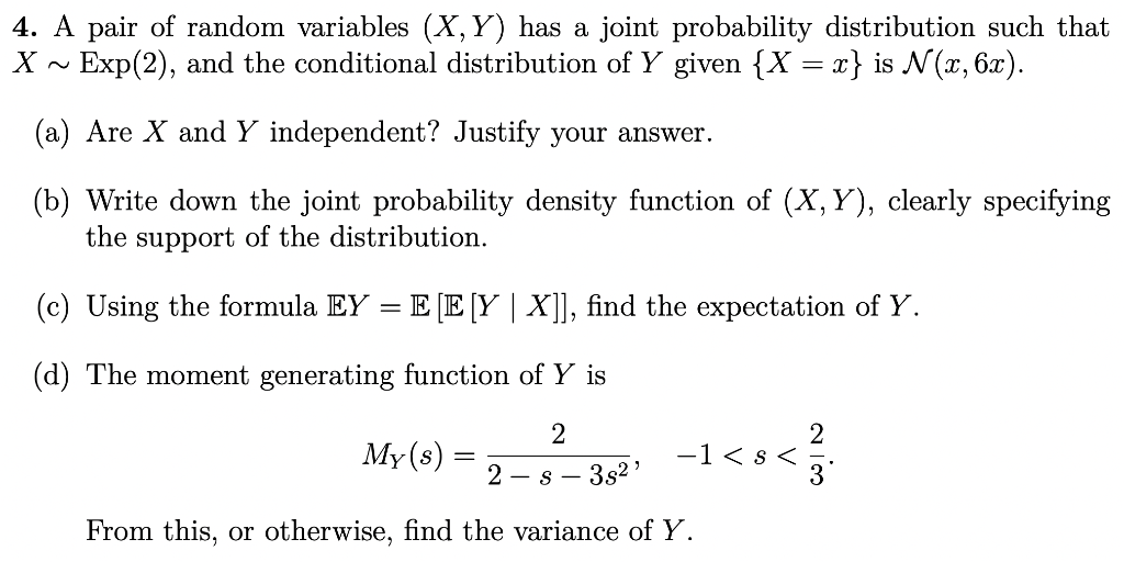 Solved 4. A pair of random variables (X,Y) has a joint | Chegg.com